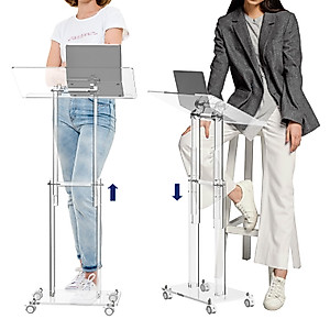 HMYHUM Acrylic Podium Stand with Lockable Wheels, Angle & Height Adjustable, Clear Rolling Podium, Mobile Lecterns & Pulpits for Classroom, Concert, Church, Speech, Multi-Purpose, Modern