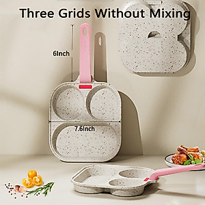 JUSTUP Nonstick Frying Pan, Divided Grill Frying Pan 3 Cups Pink Pancake Pan, Intelligent Temperature Sensing Egg Frying Pan, Breakfast Skillet for Eggs, Pancakes,Bacons (White)