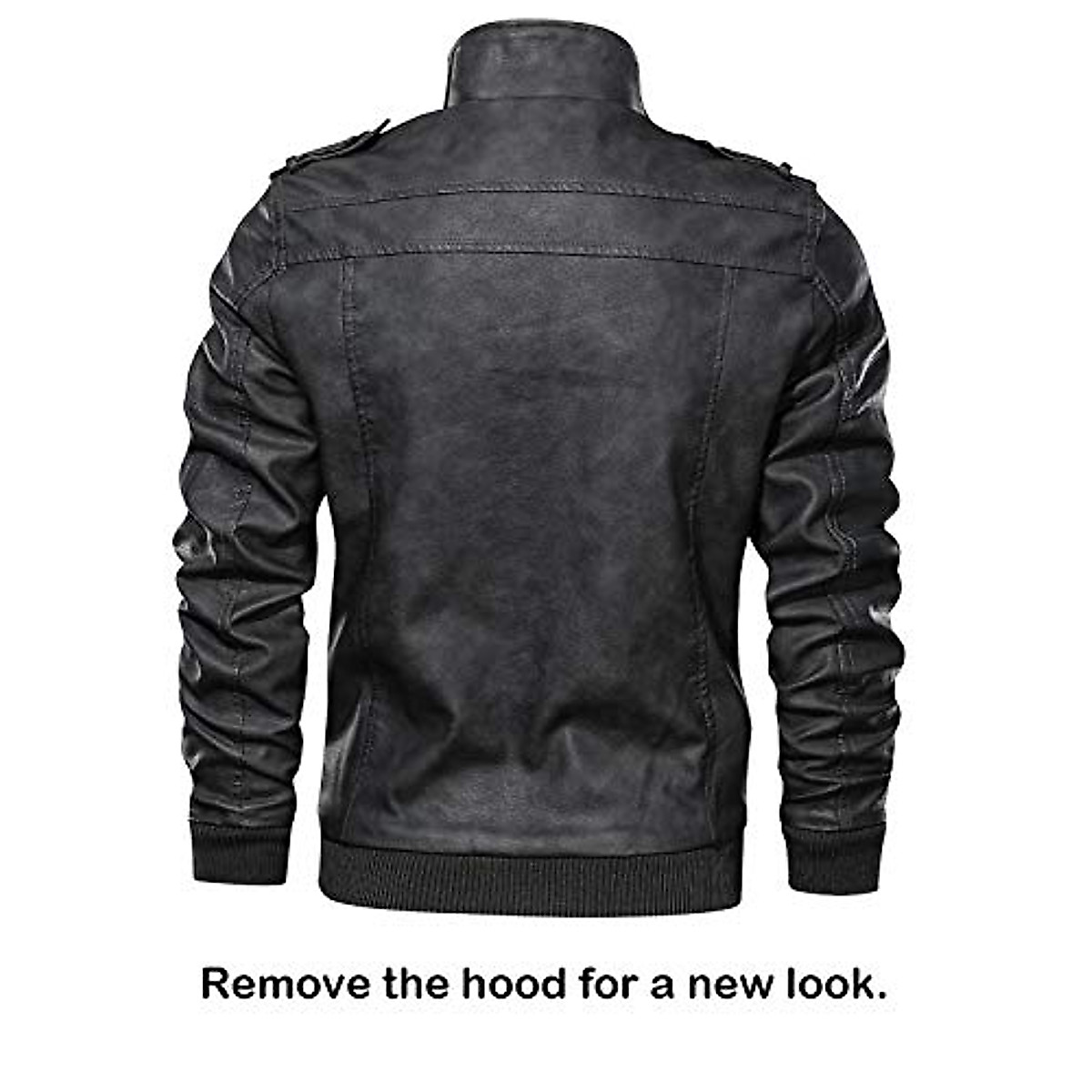 HOOD CREW Men’s Casual Stand Collar PU Faux Leather Zip-Up Motorcycle Bomber Jacket With a Removable Hood