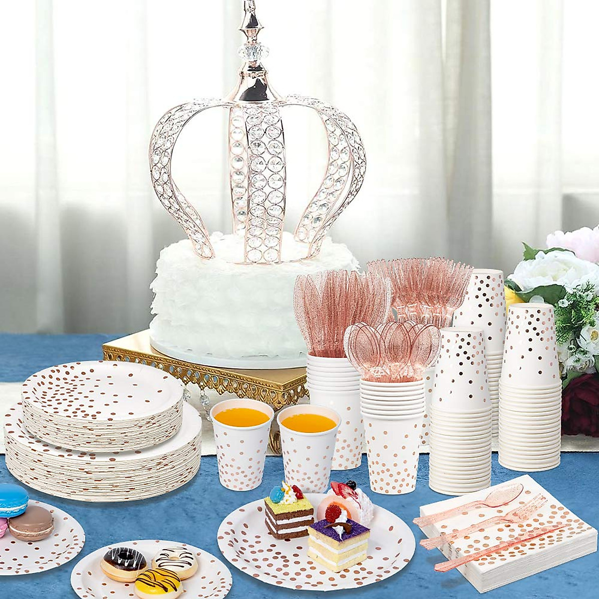 White & Rose Gold Party Supplies - 350 PCS Disposable Dinnerware Set with Paper Plates Napkins Cups, Plastic Forks Knives Spoon for Women Girls Birthday Graduation Bridal Shower Engagement Wedding