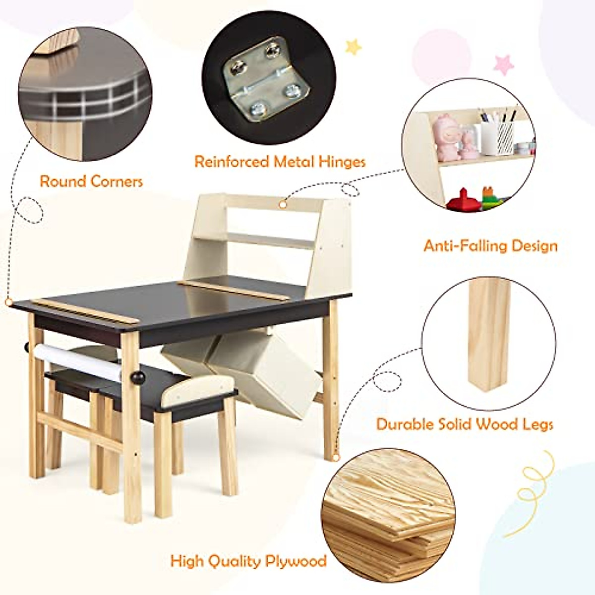 HONEY JOY Kids Art Table and Chair Set, Wooden Drawing Desk and 2 Stools w/Paper Roll, Open Shelf, Toddler Activity & Crafts Table w/Storage Bins, Children Furniture Set for Boys Girls Ages 3+