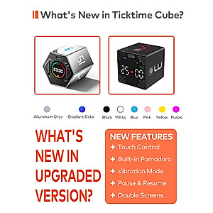 Ticktime Cube Pomodoro Timer, Productivity Timer, Pause & Resume, Mute, Vibration & Adjustable Sound Alert, for Task, Work, ADHD, ADD, Meeting, 1/3/5/10/15/25/45/60min & Custom Countdown - Black