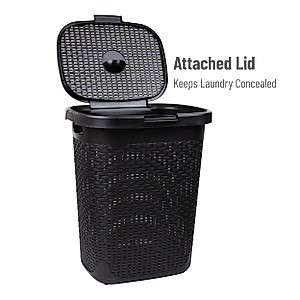 Mind Reader 50L Slim Laundry Hamper, Set of 2, Clothes Basket, Lid, Wicker Design, Plastic, 17.65"L x 13.75"W x 21"H, Black