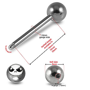 Jack Skellington Logo Tongue Ring. 14Gx9/16(1.6x14mm) 316L Surgical Steel Barbell with 6/6mm Ball Tongue Piericng jewelry. Price per 1 Piece only.