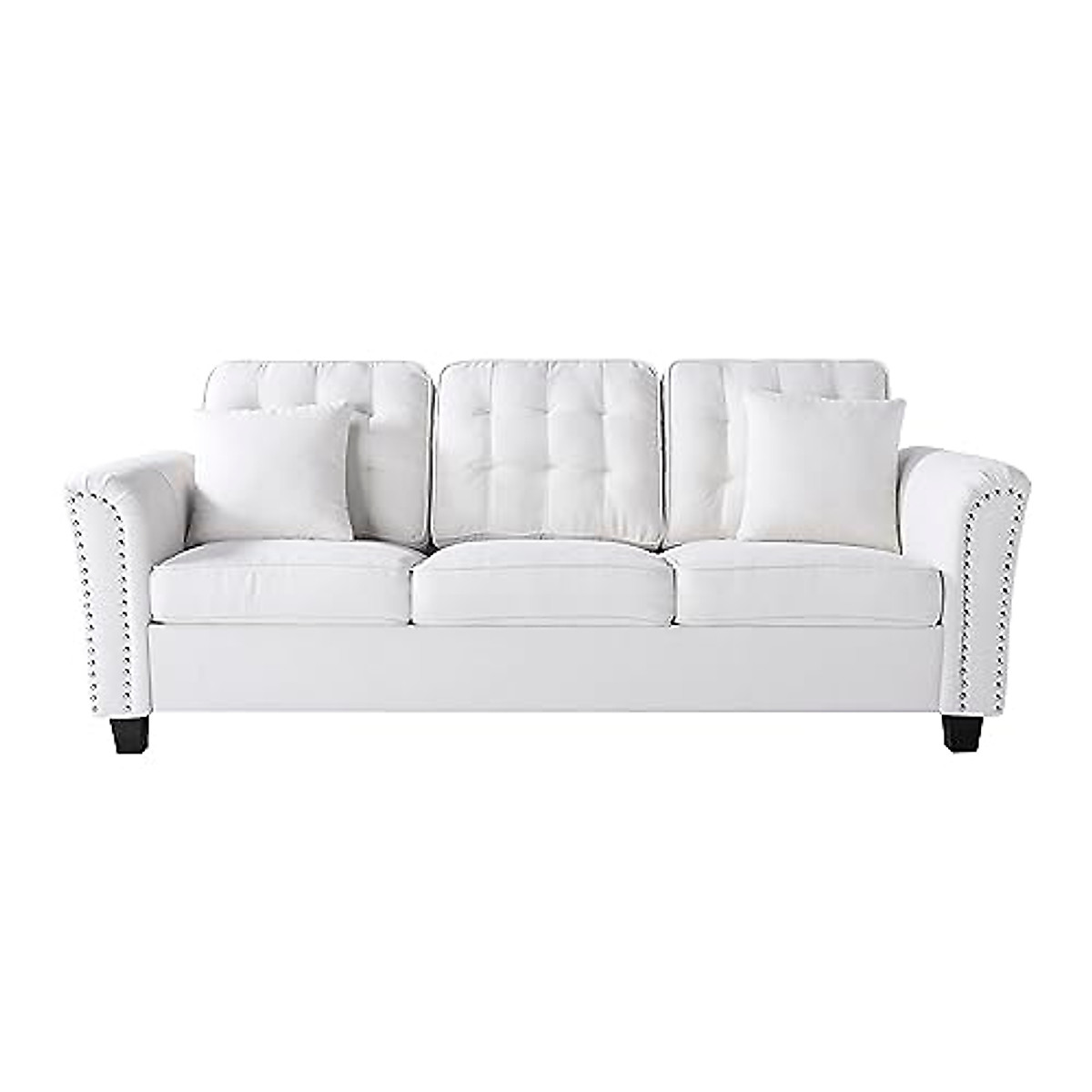 Lepfun Chesterfield, 86.6” Flare Sofa, Tufted 3 Seater Furniture, Velvet Couch with Scroll Arms and Nailhead for Living Room, Bedroom, Office, Apartment (Beige)