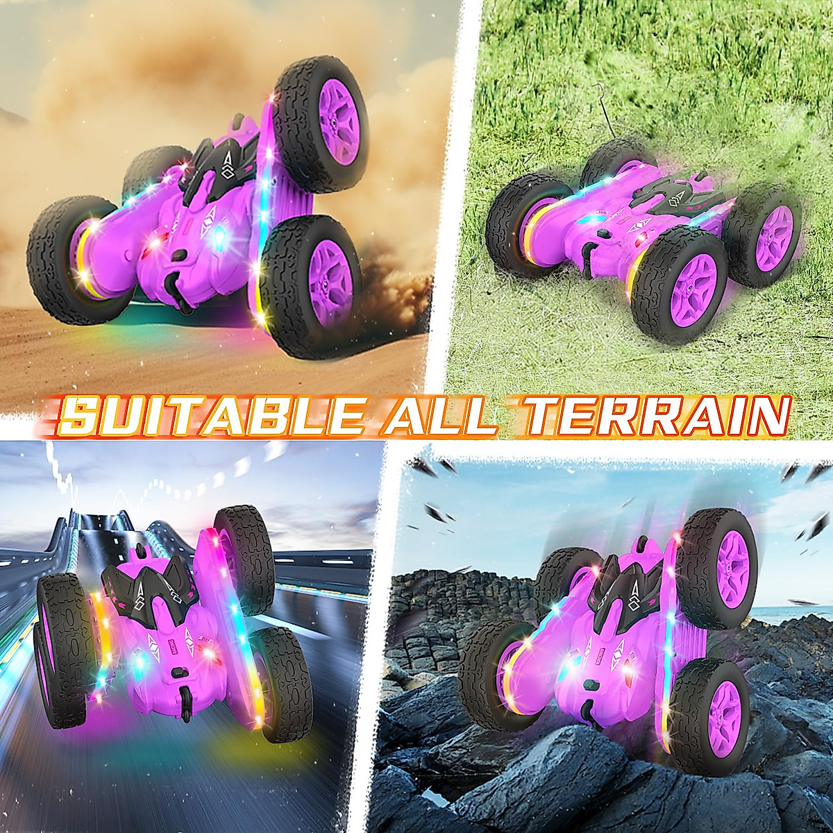 Terucle Remote Control Car, Rc Cars Stunt RC Car Toys New Upgraded Strip Lights and Headlights Car Toys Double-sided 360° Rotating 4WD Rc Drift Truck for Boys Girls Birthday Gift (Purple)