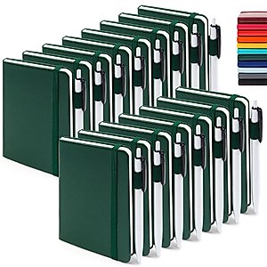 15 Pack Pocket Small Notebooks Bulk, Feela Mini Cute Notepads Hardcover College Ruled Lined Journals with Pen Holder for School Business Memos, with 15 Black Pens, 3.5”x 5.5”, A6, Dark Green