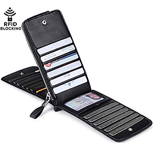 Huztencor Women's Credit Card Holder RFID Blocking Leather Multi Card Organizer Wallet Slim Long Zipper Bi-fold Business Card Case Clutch Wallet with ID Window Black (FBA)