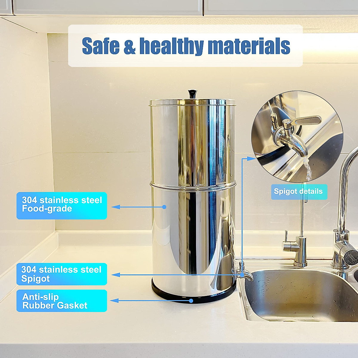 Shurex 2.25 Gal Stainless-Steel Tank Gravity-fed Water Filter System with 2 Black Elements Filters and Stainless-Steel Spigot, Countertop Filtration System for Home, Camping, RV, Fishing