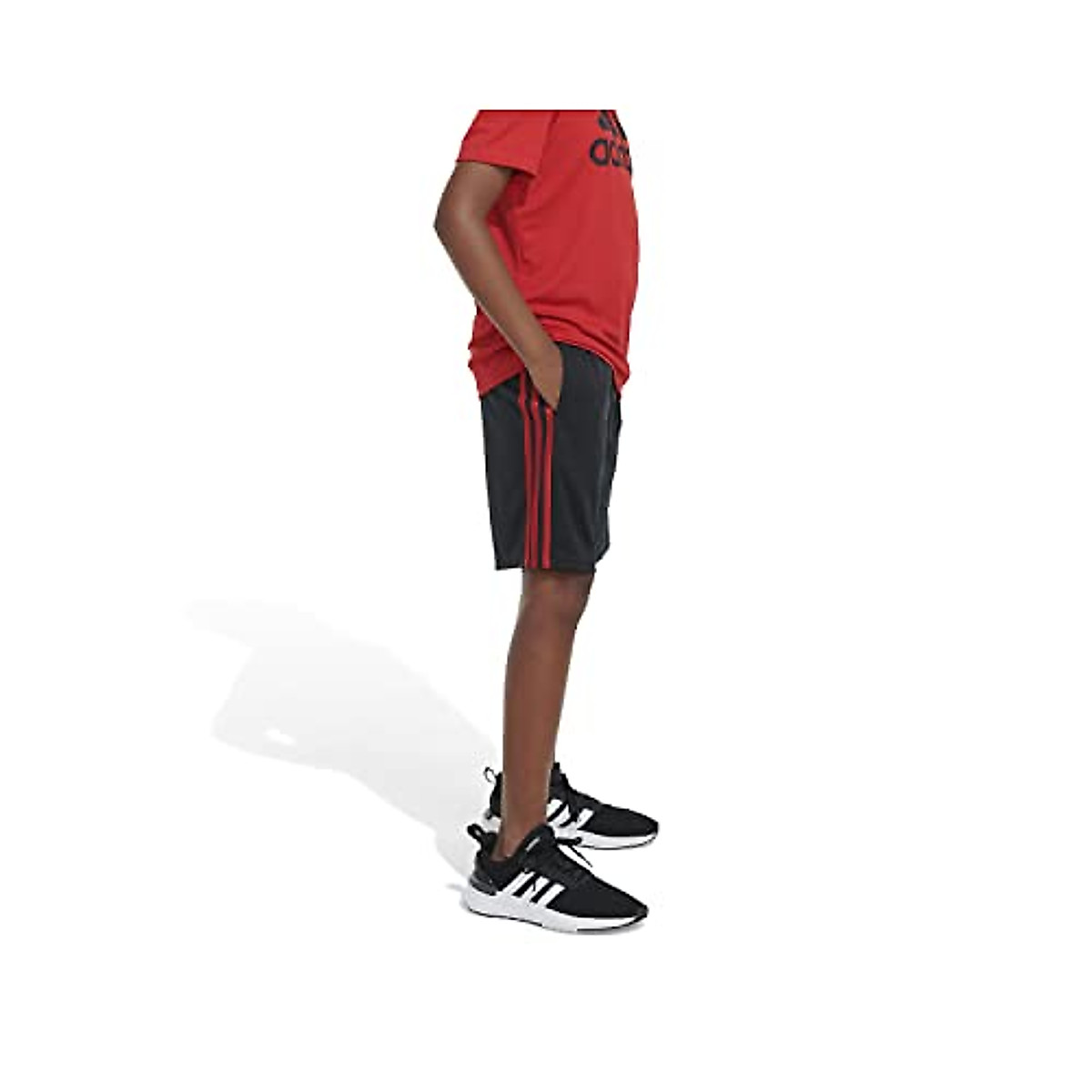 adidas Boys' Big Elastic Waistband Classic 3-Stripes Shorts, Black with Red, XL(18/20)
