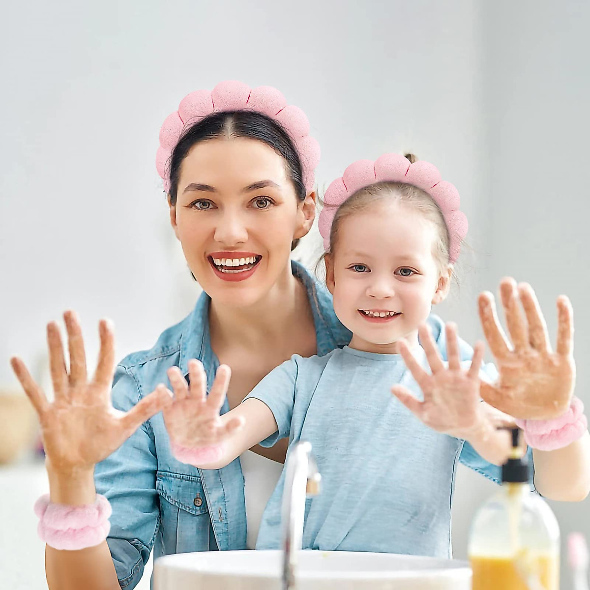 YJTIMEGS Sponge Spa Headband for Washing Face, Spa Terry Towel Cloth Fabric Head Band with 2PCS Wrist Washband, Bubble Headband Makeup Headband for Face Washing Shower Skincare Makeup Removal(Pink)