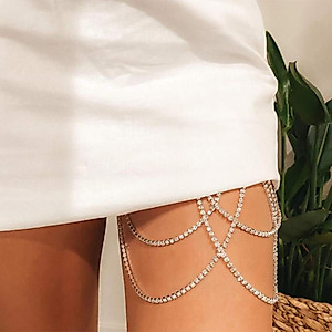 Aimimier Bohemian Rhinestone Multi Layers Leg Thigh Chain Shiny Tennis Chain Summer Beach Bikini Body Chain Crystal Sexy Body Jewelry for Women and Girls (Silver)