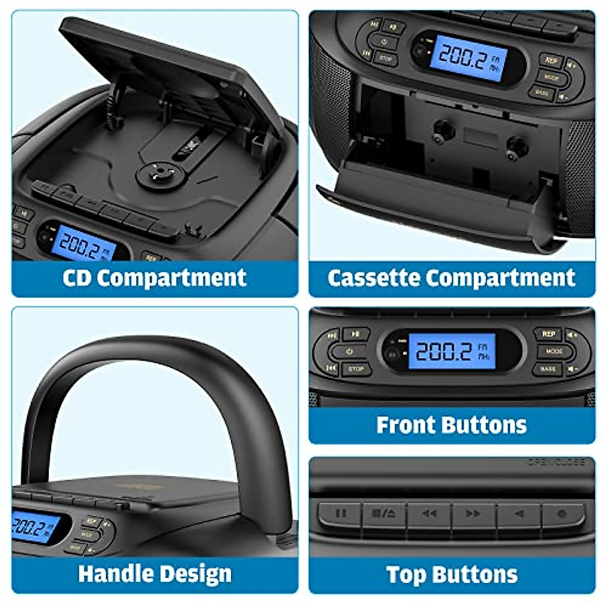 Portable CD Player with Bluetooth, Hernpark Rechargeable Boombox CD Cassette Player Combo with FM Radio Built-in Stereo Sound System/Super Bass/AUX Input/USB Playback/Headphone Jack Output
