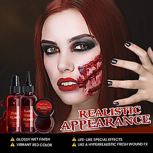 3Pcs Halloween Fake Blood Makeup Kit Realistic SFX Makeup Set - Blood Spray 2.03oz + Coagulated Blood 1.06oz + Dripping Blood 2.03oz, Edible Washable Special Effects Faux Blood for Zombie Vampire