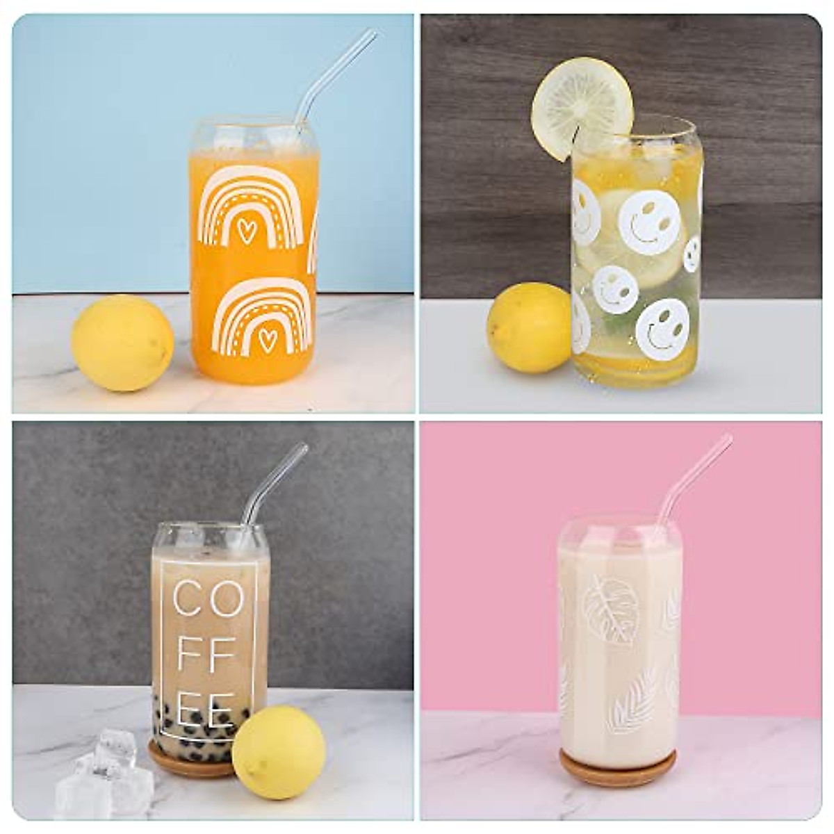 KAUND 4 PCS Ice Coffee Cup with Glass Straw,16oz Sublimation Boho Printed Beer Can Glasses,Ideal for Cocktails,Whiskey,Beer,Soda and Gifts - 2 Cleaning Brushes