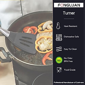 FONGLUAN Silicone Cooking Utensils Set, Set of 2, Kitchen Spatulas and Slotted Basting Spoons, Nonstick Cookware, BPA Free Heat-Resistant Kitchen Utensils, Black