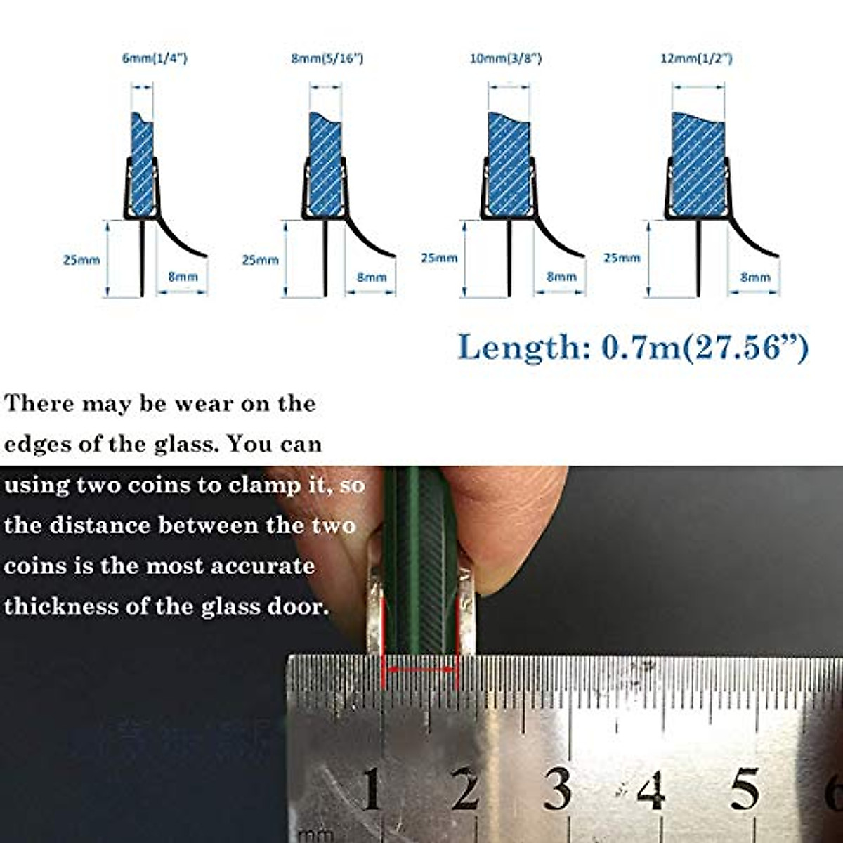 Cozylkx Frameless Shower Door Bottom Seal with Drip Rail 1/4" Thick Glass 27.5" Long Sweep - Glass Door Seal Strip Stop Shower Leaks