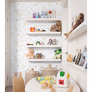 Feisoon Gold Star Wallpaper White Peel and Stick Wallpaper Kid's Bedroom Wallpaper White Moon Wallpaper 16.14"x78.7" Waterproof Contact Paper Self Adhesive Wallpaper Removable Contact Paper Vinyl Roll