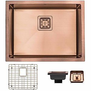 Strictly Sinks 23 Inch Undermount Kitchen Sink – Gunmetal Copper Single Bowl 16 Gauge Stainless Steel Bar Prep Kitchen Sink Scratch & Stain Resistant – With Single Strainer Square Drain & Bottom Grid