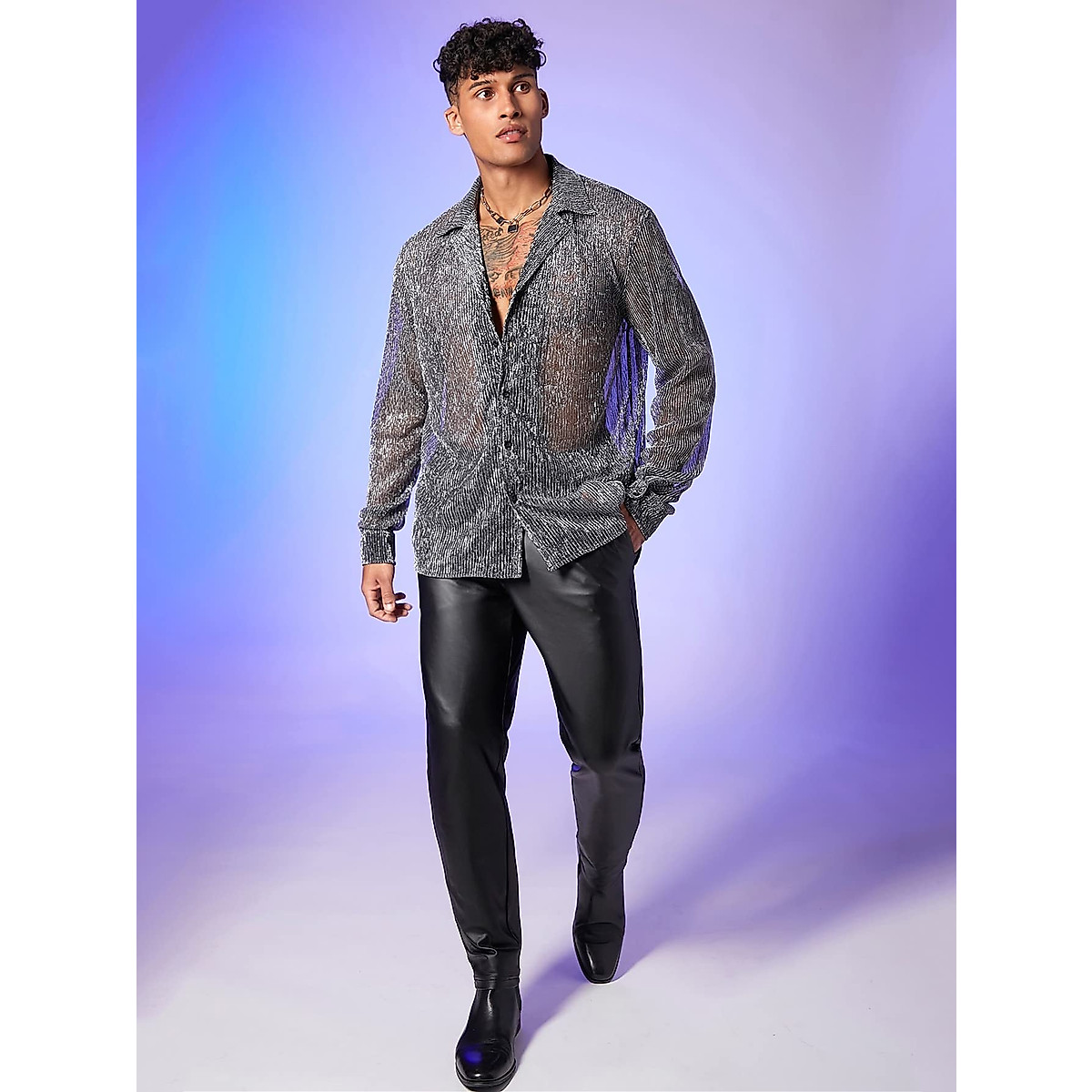 WDIRARA Men's Sheer Mesh See Through Glitter Button Front Long Sleeve Shirt Tops Silver XL