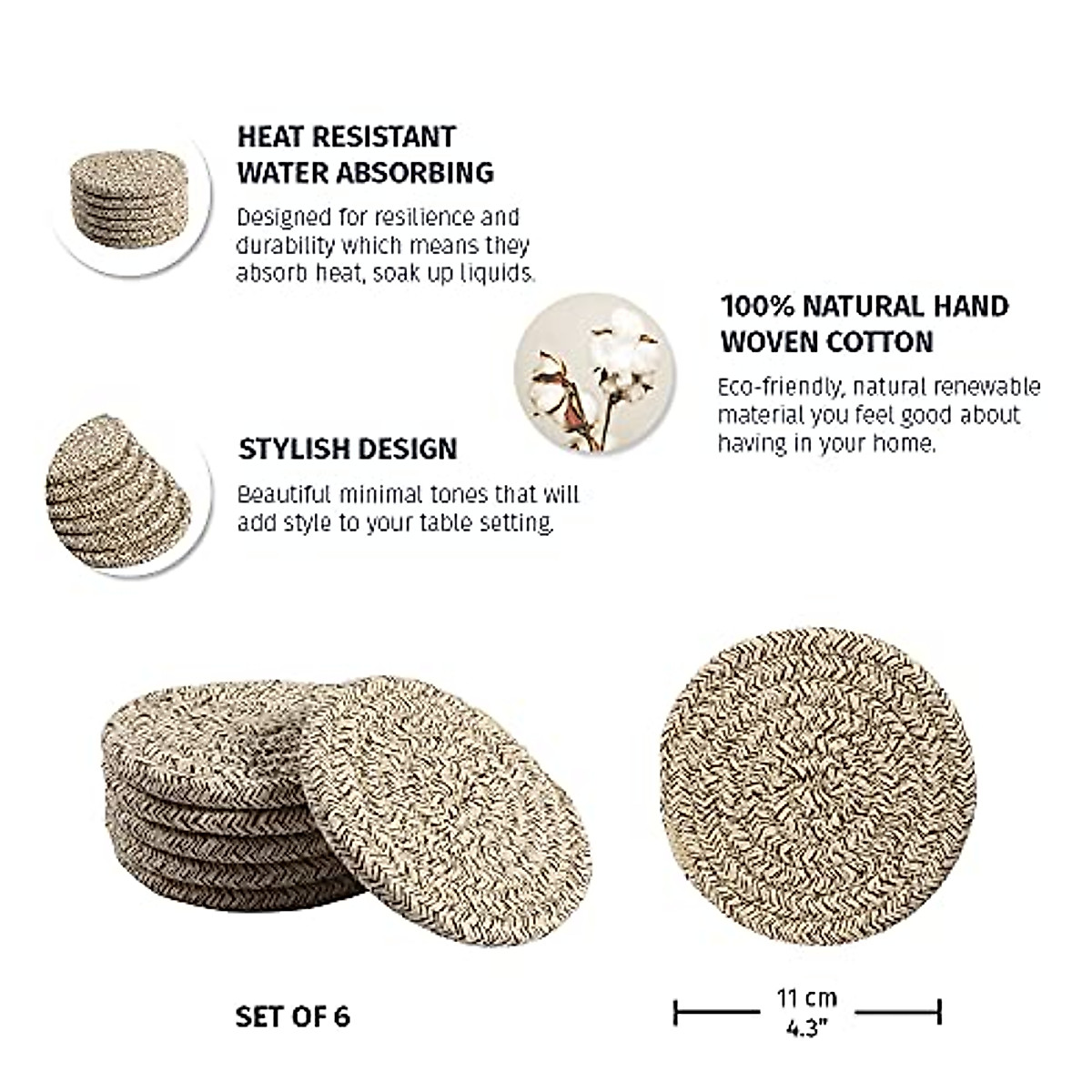 OrganiHaus Set of 6 Brown Cute Coasters for Drinks | Absorbent Coasters | Farmhouse Coasters for Coffee Table | Desk Cup Coasters | Rustic Aesthetic Boho Coasters | Moisture Absorbing Woven Coasters