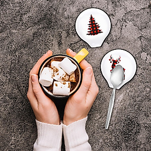 Whaline 2Pcs Christmas Coffee Spoon Rest Plaid Xmas Tree Reindeer Ceramic Teaspoon Holder Christmas Holiday Sauce Dishes Dipping Bowl Ring Dish for Teacher Gift Kitchen Office Bar Coffee Stirrers