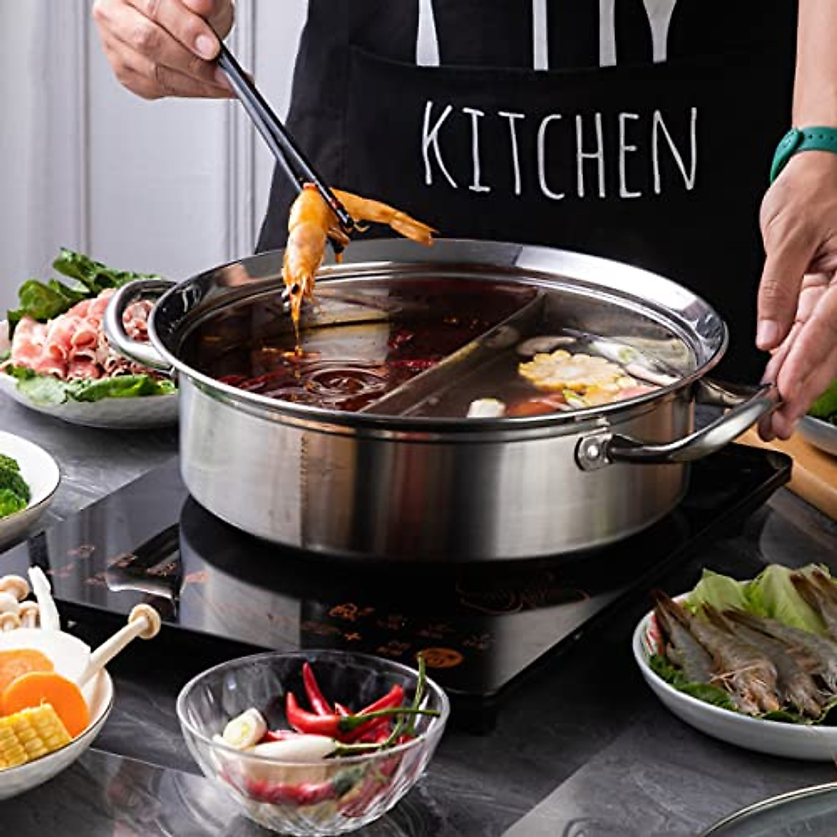 DEPILA Home Sided Plate Electric S Practical Ramen Cooker Yang Size Stick Stainless Base Cooker: Gas Two-Flavor Soup Cookware Stove Steel Dual Holder Double Two- Basin Duck Woks