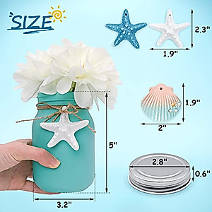 Beach Mason Jar Decor Coastal Table Centerpiece with White Flowers Floral Arrangement Blue Shell Starfishes Slices Summer Sea Farmhouse Tiered Tray Wedding Décor Vases Home Hostess Gift Idea Set of 3