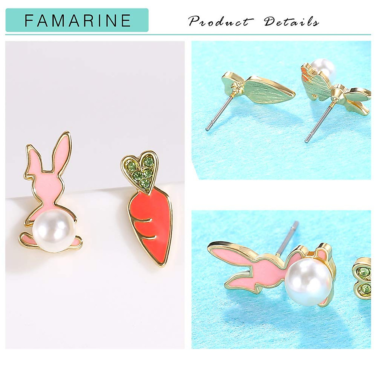 Easter Earrings Rabbit Bunny Carrot Stud Earrings Crystal Pearl Cute Funny Earring Gift for Her