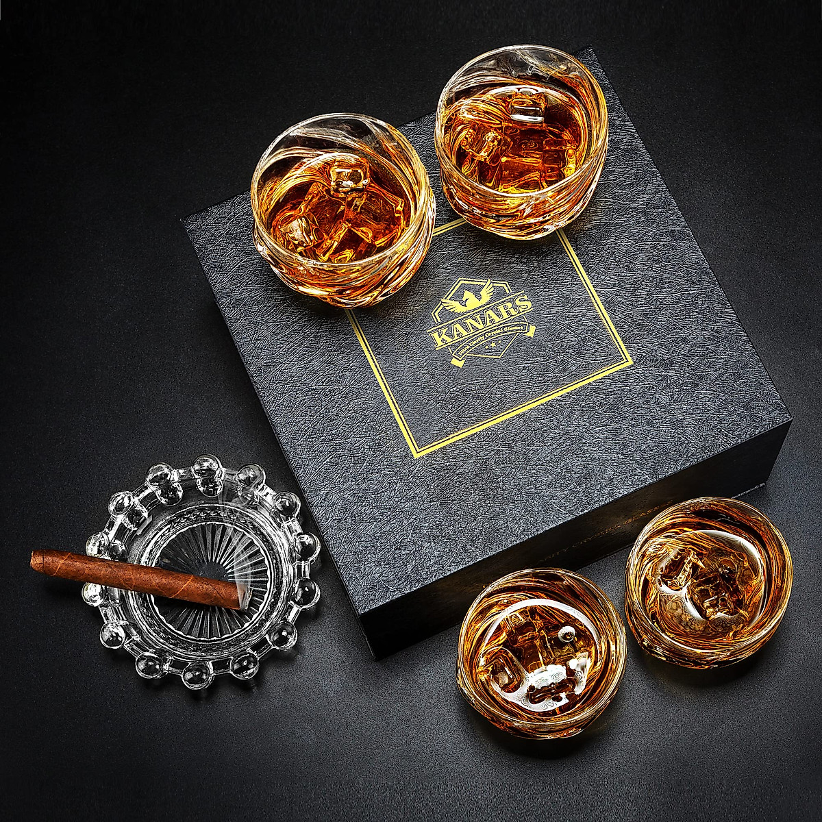 KANARS Whiskey Glasses for Men, 9 Oz Crystal Bourbon Glass Set of 4, Old Fashioned Rocks Barware for Scotch Cognac Vodka Cocktail Rum, Whisky Gifts Set