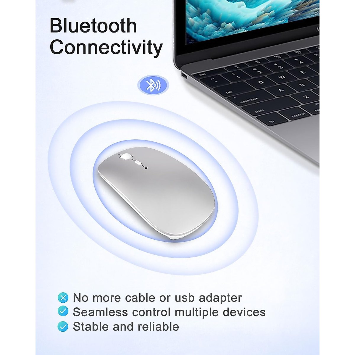 Bluetooth Mouse, Rechargeable Wireless Mouse Compatible with Macbook Air/Pro/Mac/iPad/Laptop/Tablet/Notebook/PC/Desktop, Slim Portable USB Mice for Windows/Linux/Android/(iOS 13.1.2 and Above), Sliver