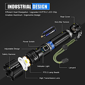 Sunitact Flashlights High Lumens, Rechargeable Led 200000 Lumen XHP70.2, Super Bright High Powered Handheld Flashlights for Emergency Camping Gift, IP67 Waterproof, Adjustable