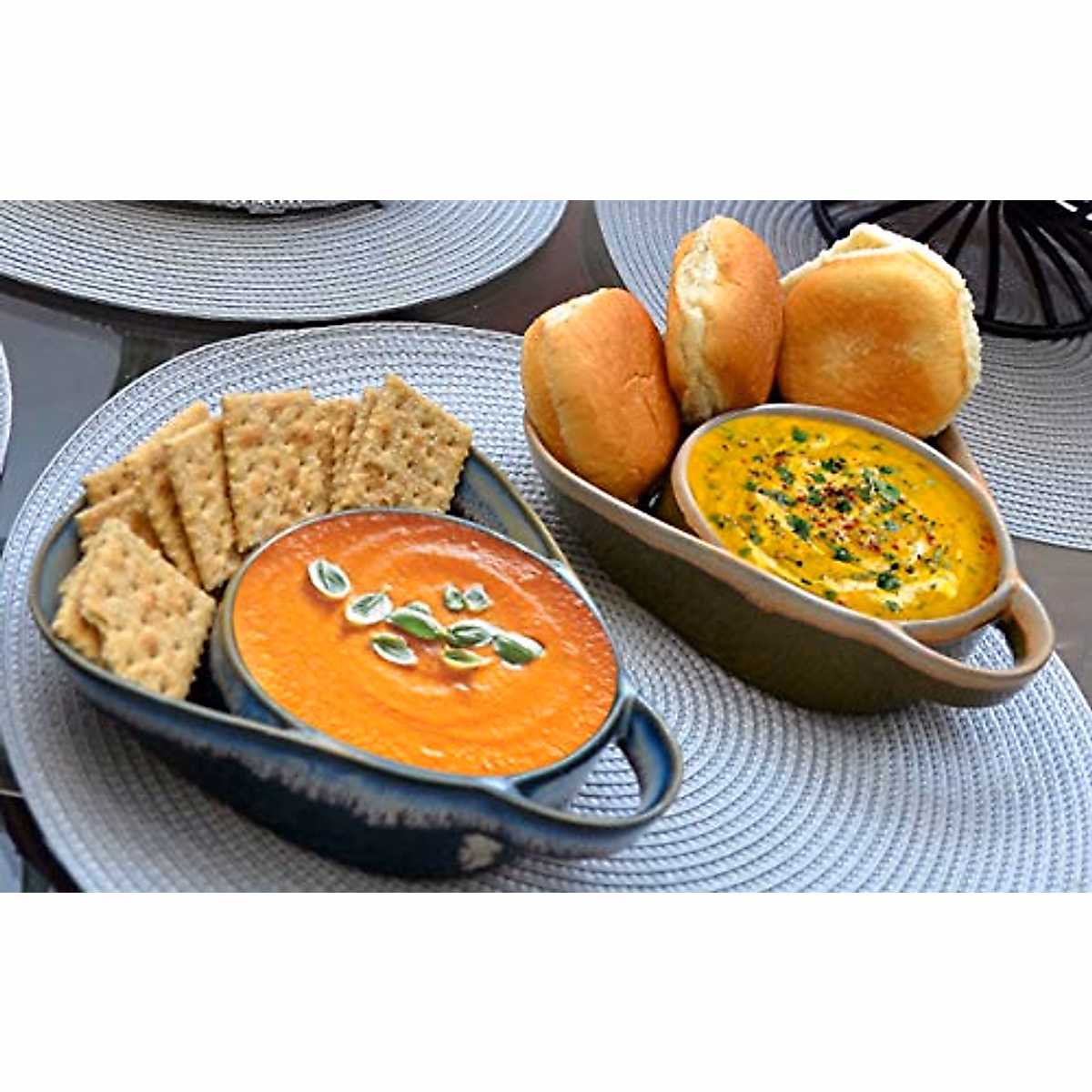 Roe & Moe Stoneware Soup & Side Bowls Set of 2 (Olive Green & Dark Teal)