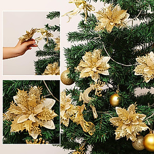 GREENTIME 12 Pcs Glitter Poinsettia 5.5" Artificial Flowers Christmas with Clips Stems Xmas Tree Ornaments for Wedding Party Wreath Decoration (Golden)