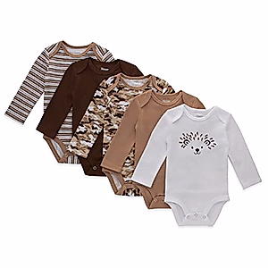 Hanes Unisex Baby Long Sleeve Bodysuit, Ultimate Flexy Boys & Girls, 5-pack, Brown/Tan, 12-18 Months US