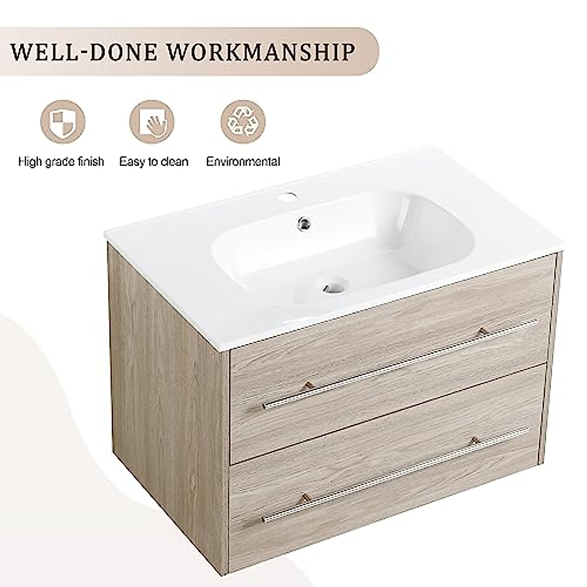 QuixotYDDZ 30" Wall-Mounted Bathroom Vanity Cabinet with Gel Sink Top, Single Sink Floating Bathroom Vanity with Two Drawers, Bathroom Storage Cabinet for Small Space, White Oak