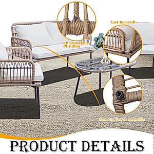 Homsido 4 Pieces Patio Furniture Set, Loveseat Beige Rope Woven Boho Porch Backyard Garden Balcony Outdoor Furniture Rattan Indoor Chairs and Table Wicker Conversation Set with White Cushions