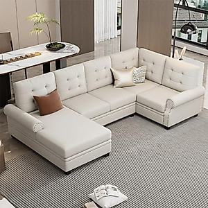 FULife Modern U-Shaped Sectional Sofa with Chaise Lounge,Comfy Modular Couch w/Nailhead Trim Armrest,Linen Fabric Upholstered 6-Seater Corner Sofá for Living Room Apartment Office, Beige 120" w