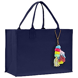 VANESSA ROSELLA Personalized Gift 100% Cotton Canvas Chic Tote Bag - Top Zipper Closure Option - With PomPom and Embroidery Customize Option (Navy)