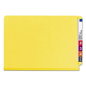 Smead 100% Recycled End Tab Pressboard Classification File Folder with SafeSHIELD Fasteners, 2 Dividers, 2" Expansion, Legal Size, Yellow, 10 per Box (29789)