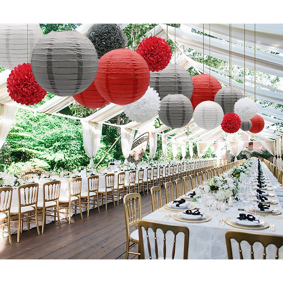 KAXIXI Hanging Party Decorations Set, 15pcs Red Gray White Paper Flowers Pom Poms Balls and Paper Lanterns for Wedding Birthday Bridal Baby Shower Graduation