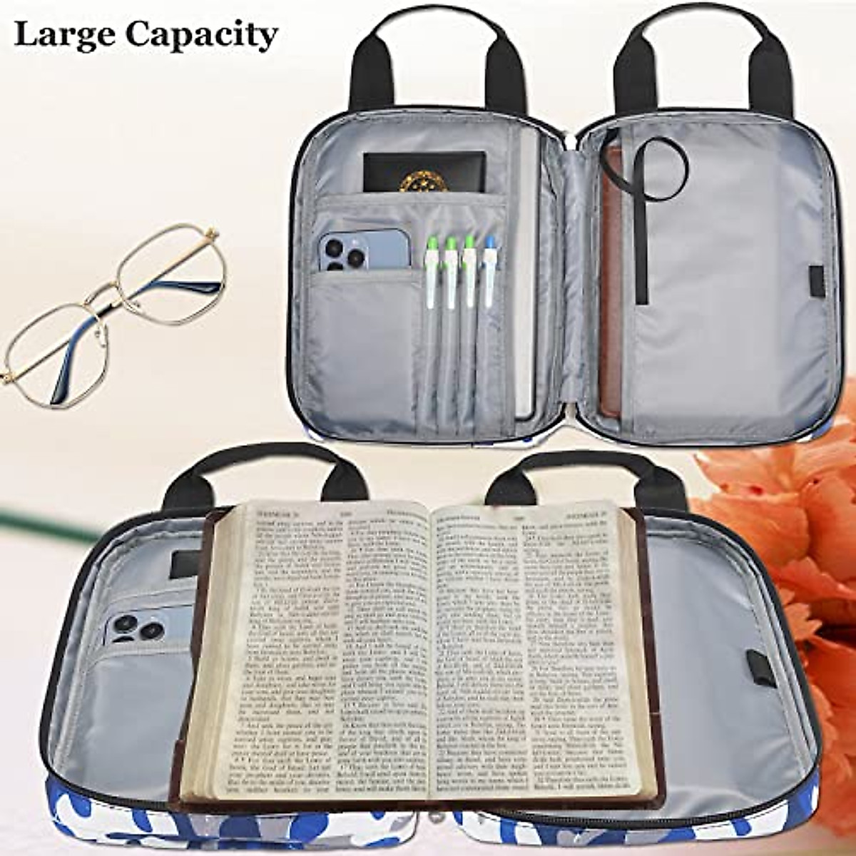 DSIUE Bible Cover for Kids Boys Book Carrying Case Scripture Bag with Handle Pockets Childrens Teens Church Bag Camo Blue