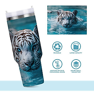 Qilmy 40 oz White Tiger Tumbler with Handle and Straw Lid for Water Iced Tea or Coffee, Stainless Steel Insulated Leak-proof Travel Coffee Mug Cup Gifts