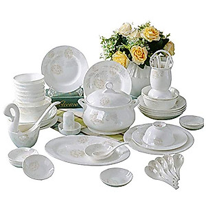 Pottery Tableware,58 Pieces Dinnerware Set, European High-Grade Ceramics Dishes Set, Dinner Plates, Salad Bowls, Dessert Plates, Dishwasher and Microwave Safe, Great Gift