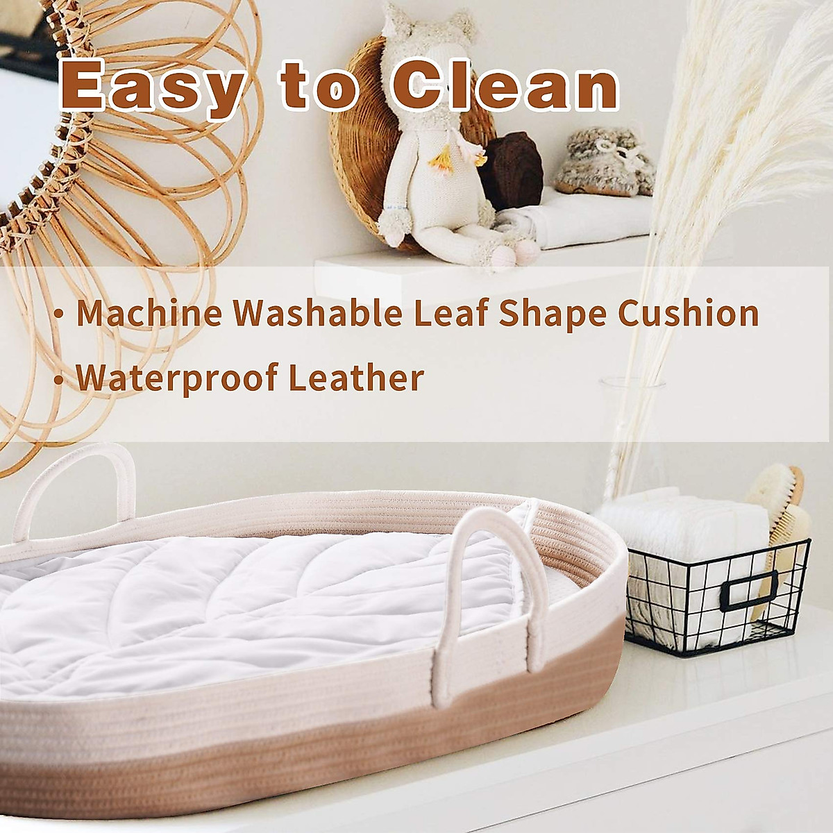 Baby Changing Basket with Storage Bag, Moses Basket for Babies, Thick Diaper Changing Pad, Leaf Shape Pad, Waterproof Leather Pad, Cotton Rope, Changing Table Topper for Dresser, Portable