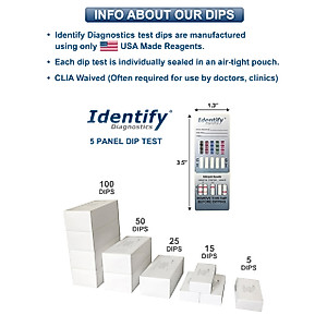 Identify Diagnostics Drug Test Cards - 5 Pack - 5 Panel Dip CLIA Waived Instant Urine Drug Test Kit for AMP,COC,MET,MOP/OPI,THC