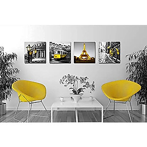 YMYXMC33 Decor Bedroom Paris Eiffel Tower Canvas Print Black and White Wall Art London Landmark Building Yellow Lighting Old Tram Yellow Rose Bicycle Picture Decoration Living Room 12"x12"x4