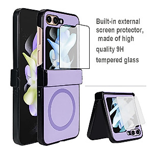 MSOTES for Galaxy Z Flip 5 Case with Hinge Protection, Built-in Screen Protector, Compatible with MagSafe, Luxury Leather Case Full Protection Slim Lightweight for Samsung Galaxy Z Flip5 5G (Purple)