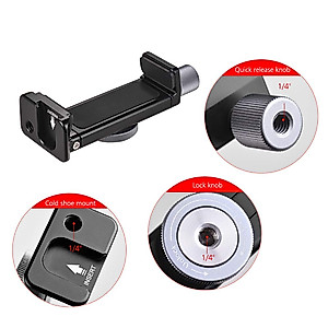 Metal Phone Clamp Tripod Mount Adapter - Smartphone Clip iPhone Mount Holder Bracket with Cold Shoe and Arca Swiss Quick Release Plate Compatible iPhone 13 12 11 Pro X Max, 8 Plus, Samsung Galaxy