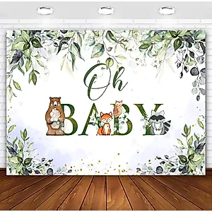 Sensfun Woodland Baby Shower Backdrop Oh Baby Greenery Forest Jungle Animals Photography Background Woodland Creatures Baby Shower Party Banner Decorations (7x5ft)